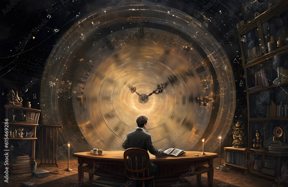 Theory of relativity illustrated by person sitting at table surrounded ...