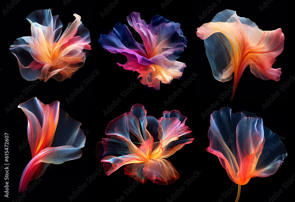 Beautiful transparent colorful flowers. Airy, soft, elegant petals set ...