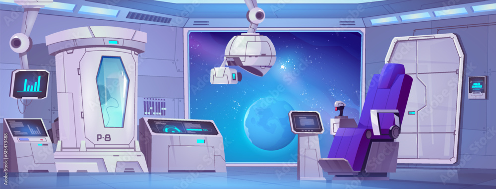 Spaceship laboratory interior room with cryogen capsule cartoon ui ...