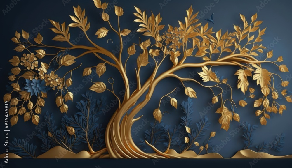 Elegant gold and royal blue floral tree with seamless leaves and ...