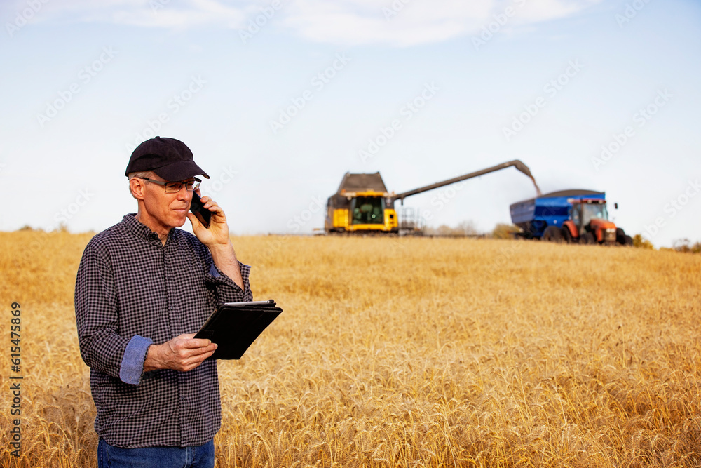Farmer using a tablet to manage his grain harvest with a combine ...