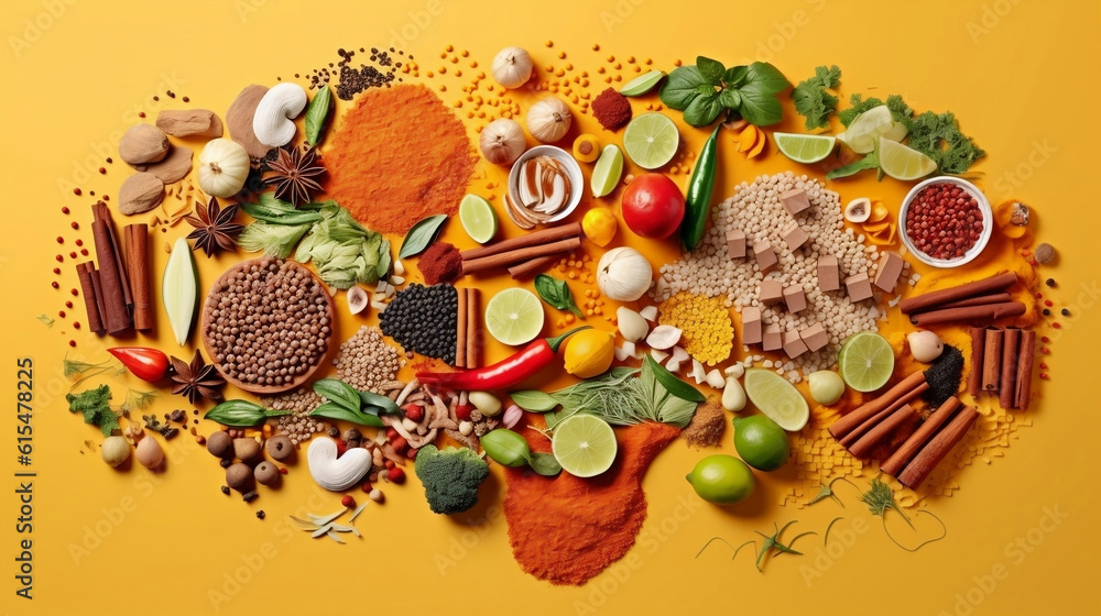 Diversity of global cuisine featuringa vibrant collage of spices herbs ...