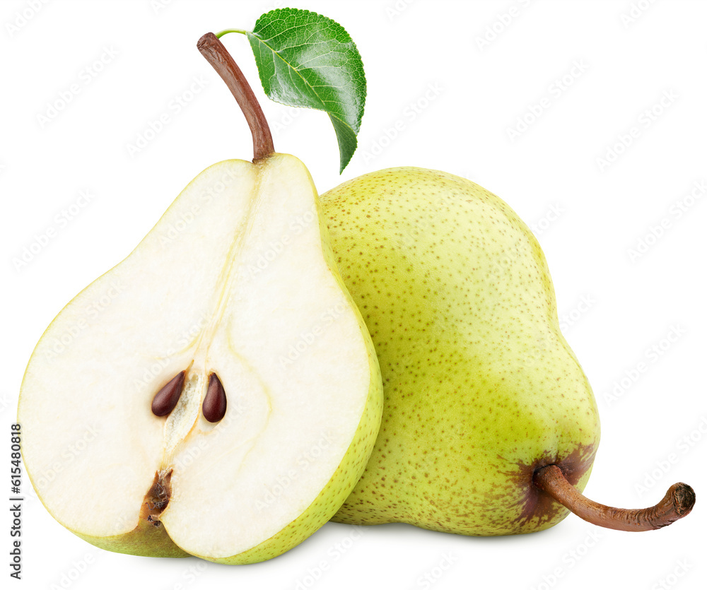 Green yellow pear fruit with pear half and green leaf isolated on ...