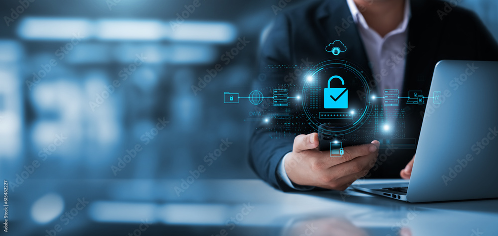 Cybersecurity Data Protection Businessman Using Laptop And Smartphone Internet Network Security