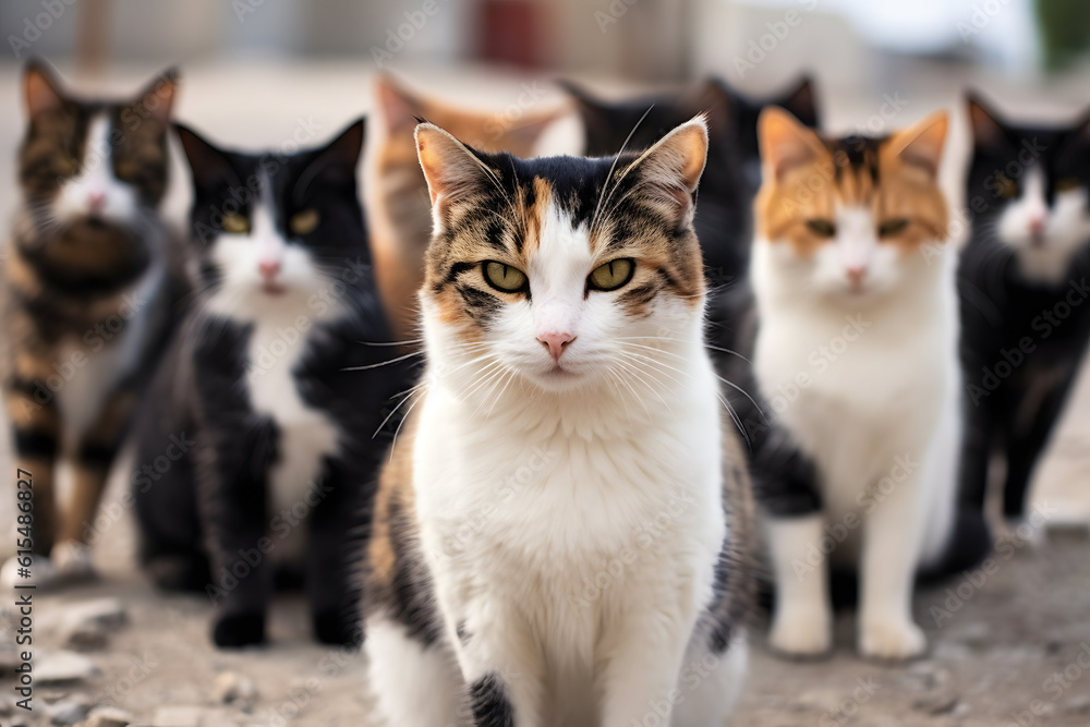 group of cats standing upright and looking attentively at the camera ai ...