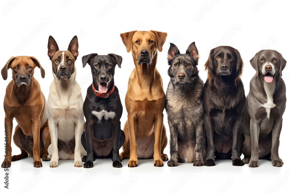 group of dogs standing upright and looking attentively at the camera ...