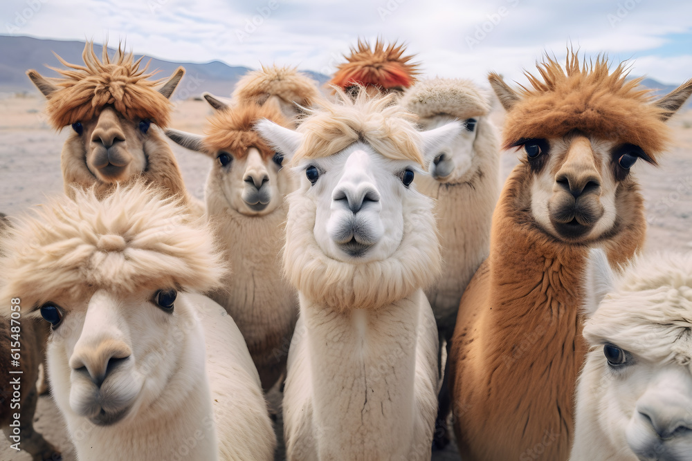 group of funny lamas making selfie standing upright and looking ...