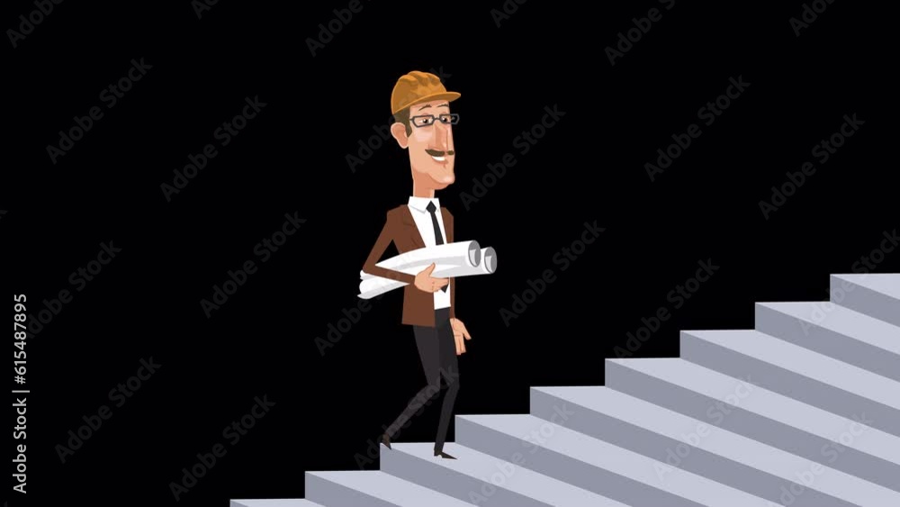 Cartoon design engineer character with rolls paper engineering drawings ...