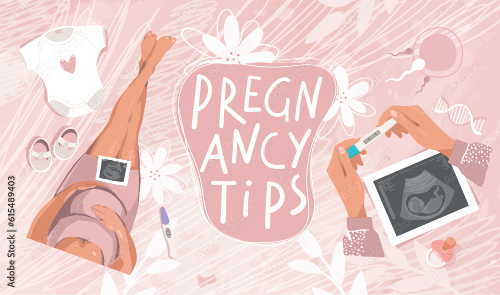 Pregnancy tips. Maternity and childbirth modern banner, positive ...