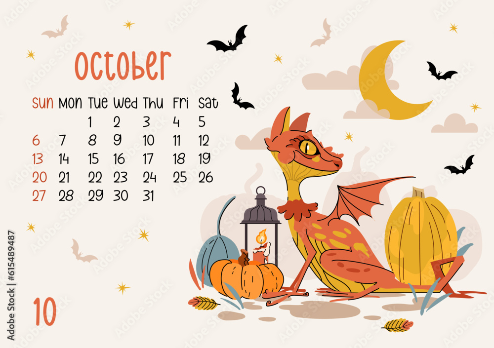 Horizontal calendar page for October 2024 with Halloween dragon. The ...