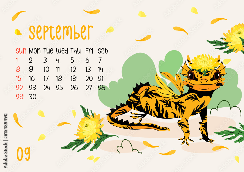 Horizontal calendar page for September 2024 with chrysanthemum yellow ...