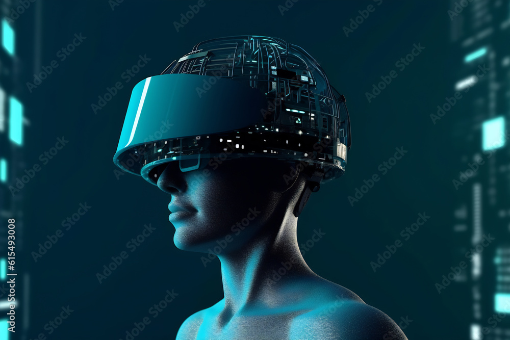 Generative AI futuristic illustration of human face of cyborg character ...