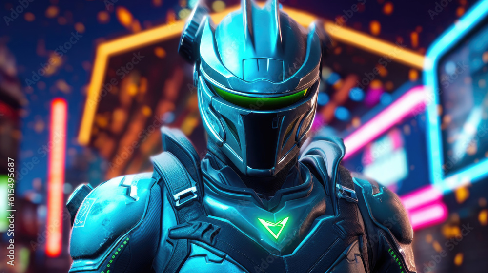 Futuristic police captain superhero on cityscape background. Digital ...