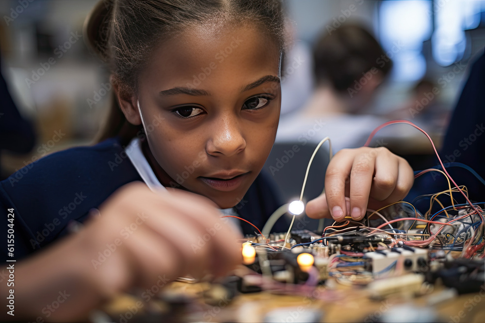 Generative AI illustration of smart black girl connecting wires on ...