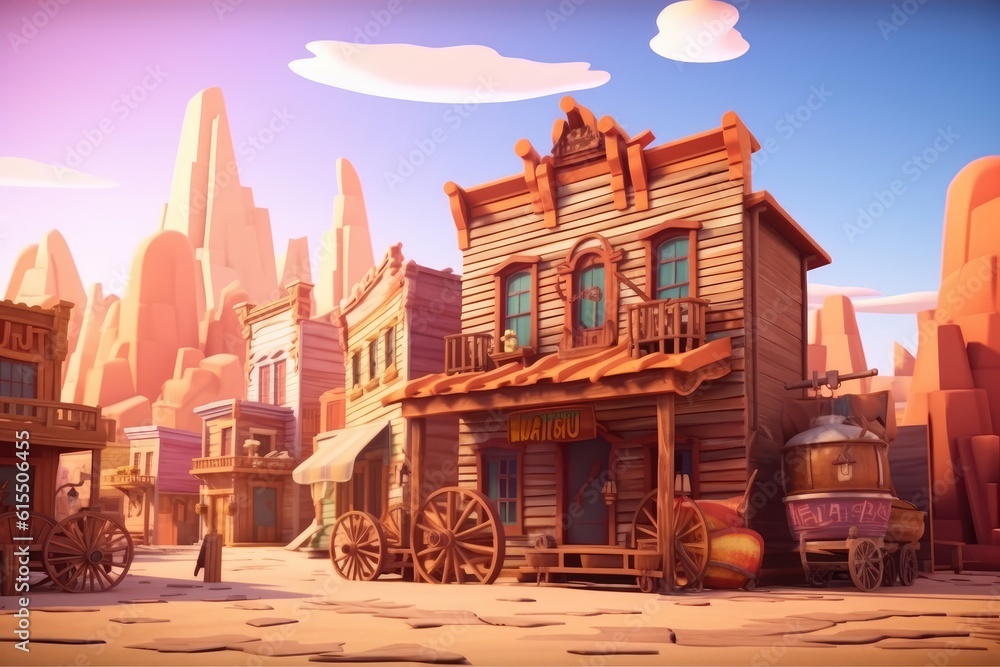 Cartoon Western town with wooden buildings and clear blue sky Stock ...