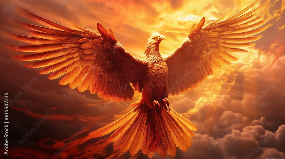 Illustration of a phoenix soaring against a backdrop of a dramatic ...