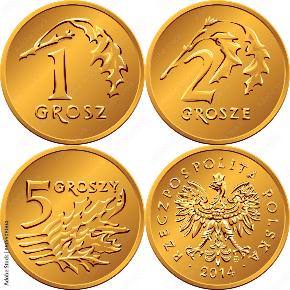 vector reverse and obverse Polish Money one, two and five Groszy copper ...