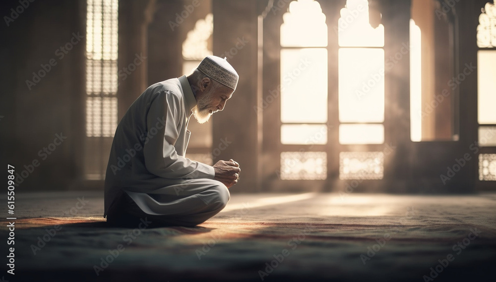 Religious muslim man praying inside the mosque, Islamic prayer, Old man ...