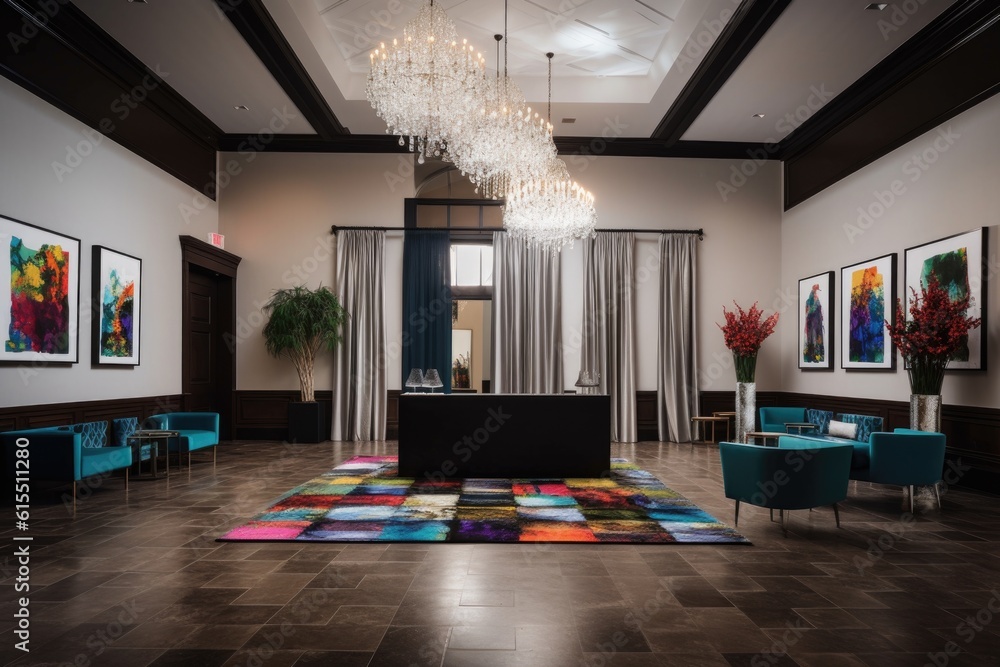 swanky reception with sleek and modern decor, accentuated by pops of ...