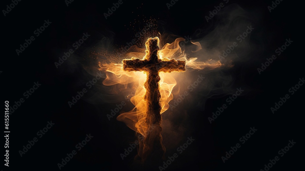 A Christian cross burns with fire against a black background ...