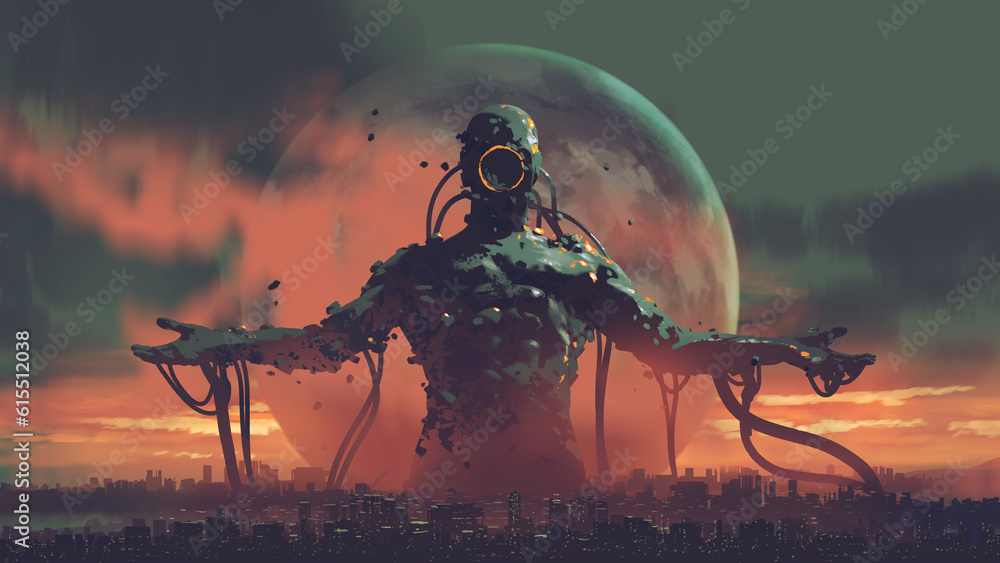 A huge giant man rises from the ground beneath the earth, digital art ...