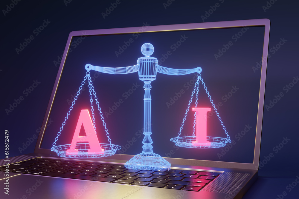 Blue neon glowing weight balance scale holding red alphabet AI on a ...