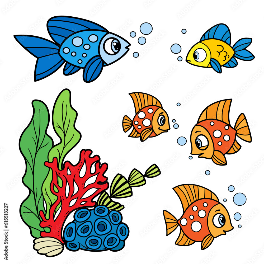 Five cartoon sea fishes color variation for coloring page isolated on ...