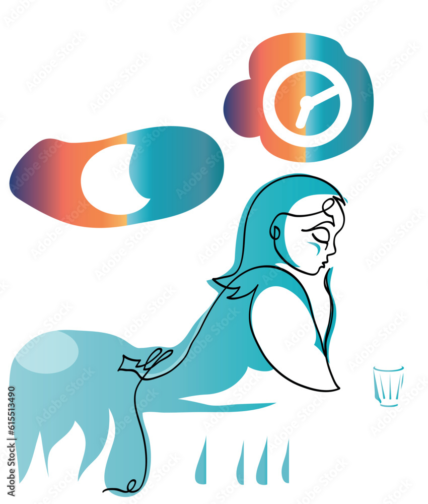 One line drawing of woman lying in bed suffering from insomnia. One ...