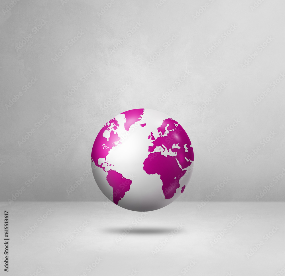 World globe, pink earth map, isolated on white. Square background Stock ...