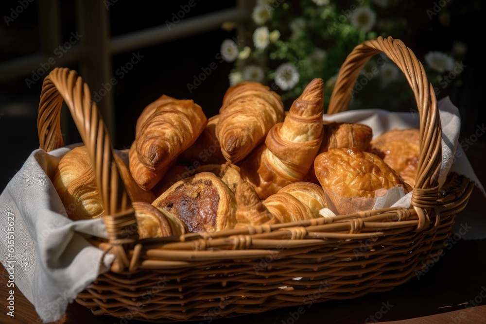 basket of freshly baked flaky puff pastries and turnovers, ready to be ...