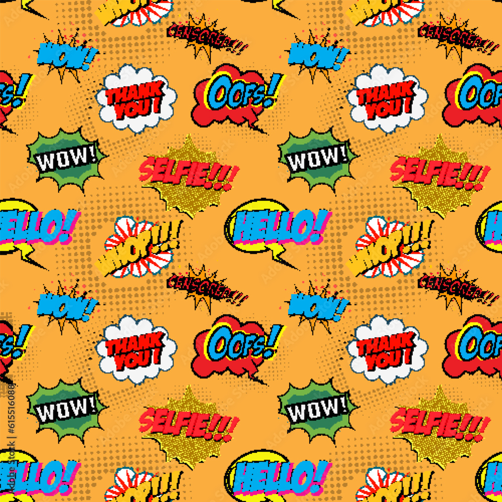 Seamless pattern from comic style phrases on colorful background. Oops ...