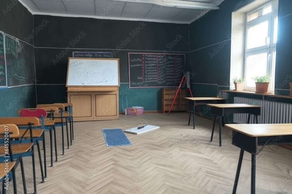 empty classroom, with chalkboard and easel for teachers to prepare ...