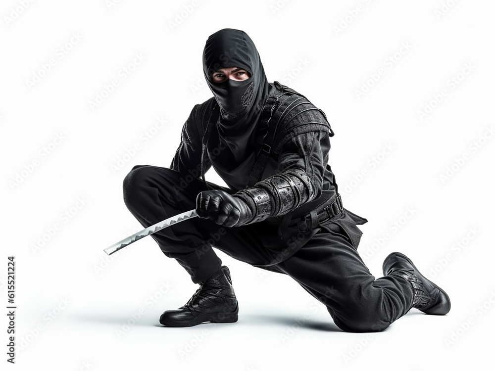 Ninja warrior in a fighting stance and on an isolated white background ...