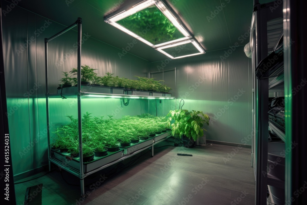 elegant and modern grow room with led lighting, safety equipment, and ...