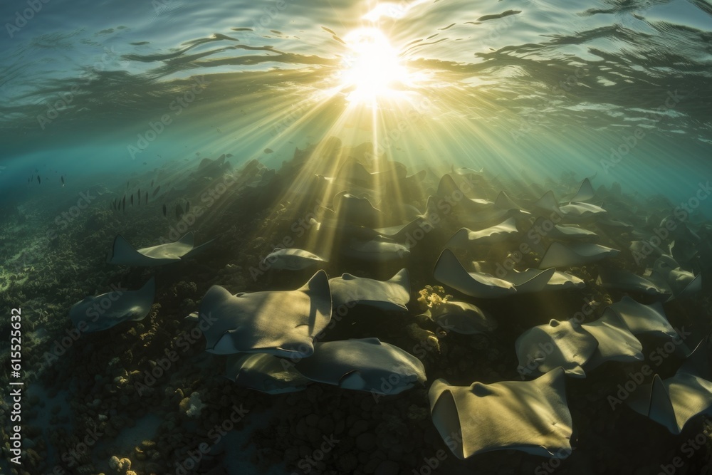 school of rays swimming in crystal-clear waters, created with ...