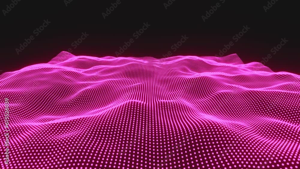 Abstract pink wave dots on black background. Landscape, background motion for cyberspace grid ...