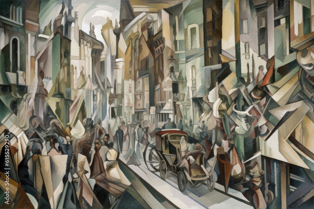cubist painting of a busy city street, with different perspectives and ...