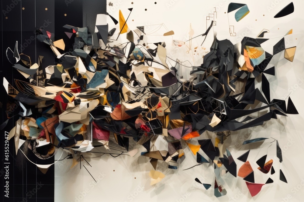 abstract art piece with deconstructed and fragmented shapes floating in ...