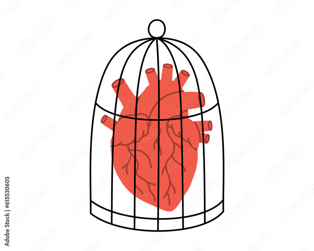 Hand drawn cute illustration of human heart in cage. Flat vector ...