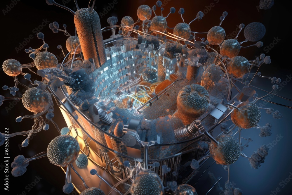 3d computer simulation of the inner workings of a cell, with molecules ...