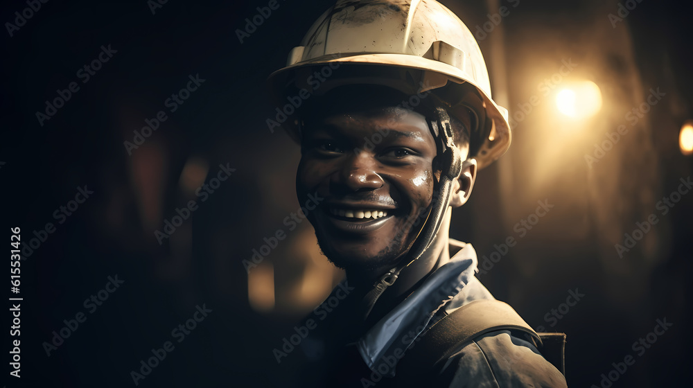 Portrait happy african man miner with headlamps entering underground ...