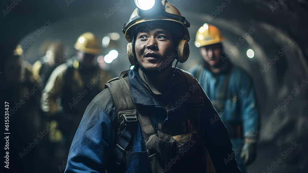 Portrait happy man miner with headlamps entering underground coal mine ...