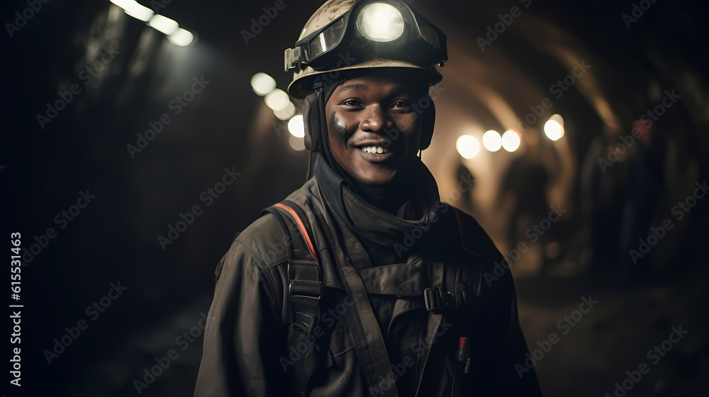 Portrait happy african man miner with headlamps entering underground ...