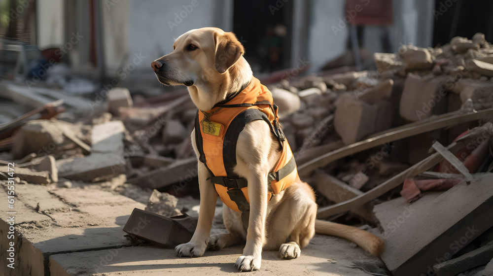 Rescue service dog labrador background of destroyed houses after the ...