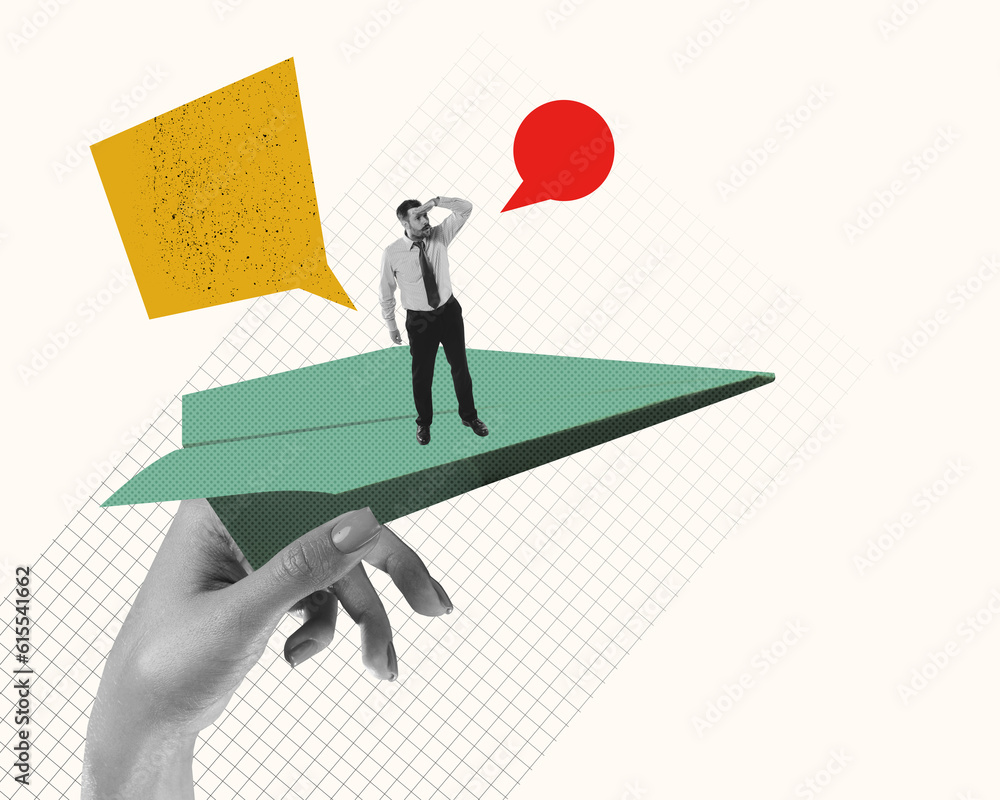 Businessman standing on paper plane and looking forward. New vision ...
