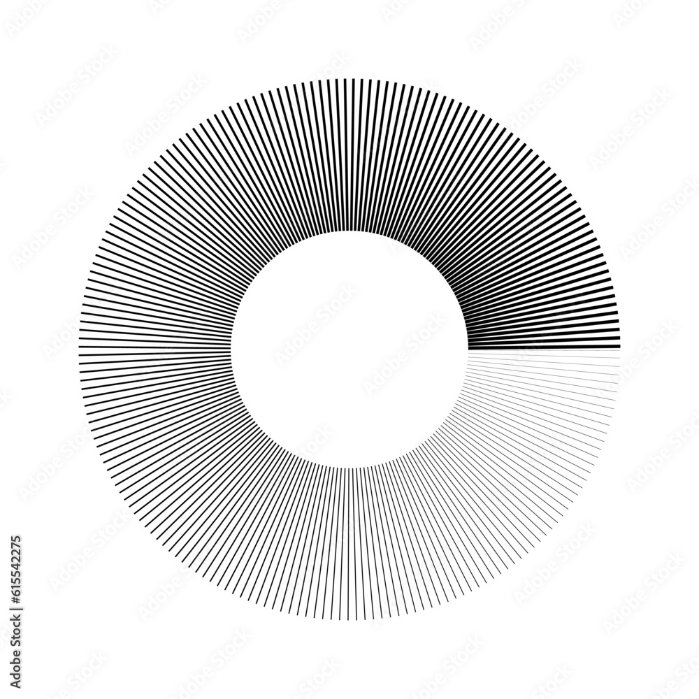 Black radial lines of different thickness, as a logo or abstract ...