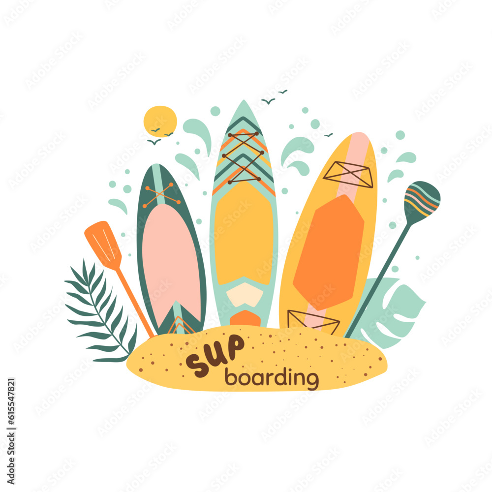 Sup board and paddles on the beach. Sup boarding text. Summer water ...