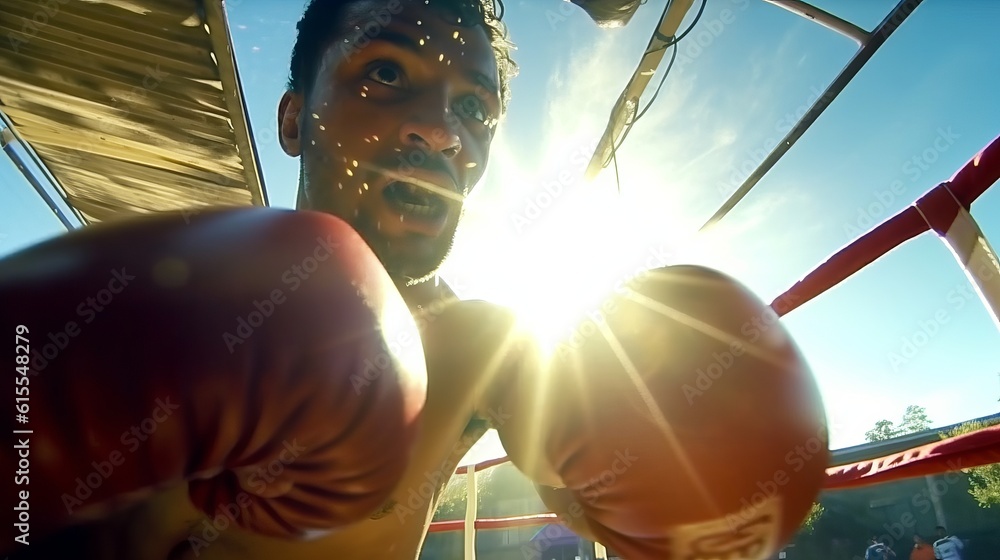 a pov photo of a boxing fight at a ring outside. black afroamerican ...