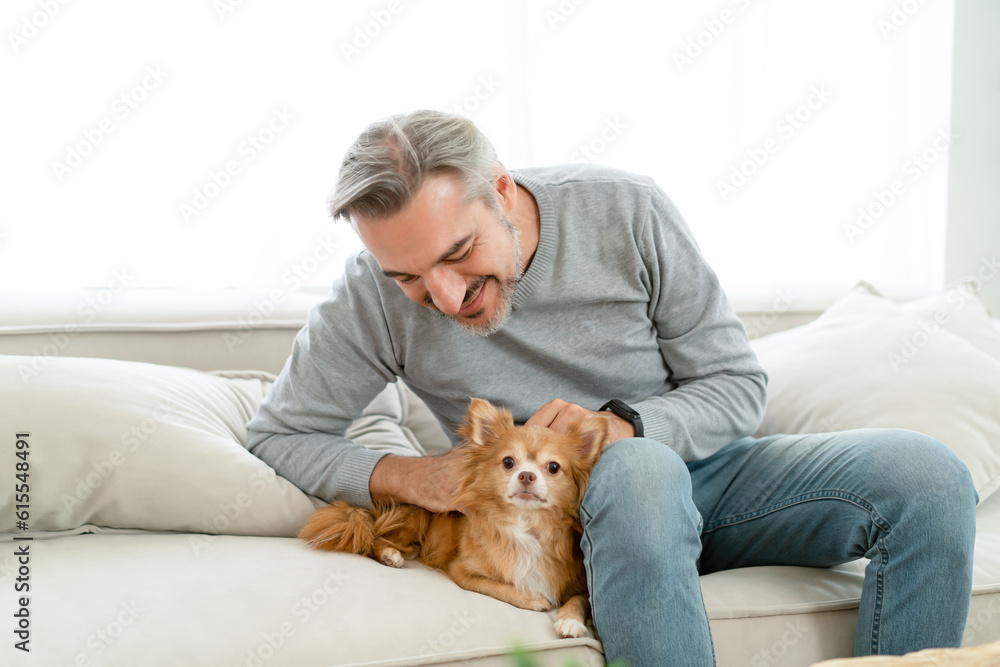 Foto de Happy Middle age Caucasian man cuddling chihuahua dog while ...