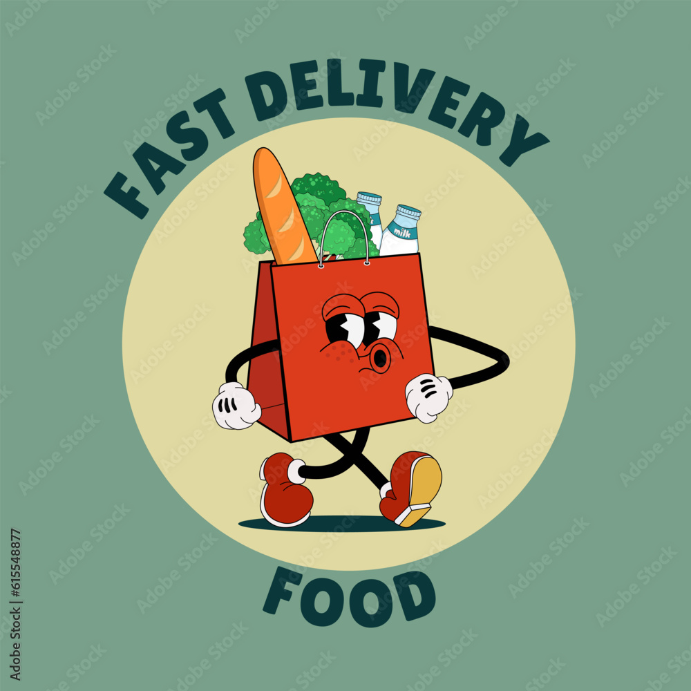 The logo of fast food delivery. A funny mascot is a bag with groceries ...